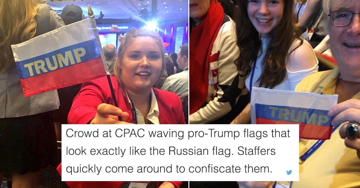 Activists Handed Out Russian Flags At Trump's CPAC Speech