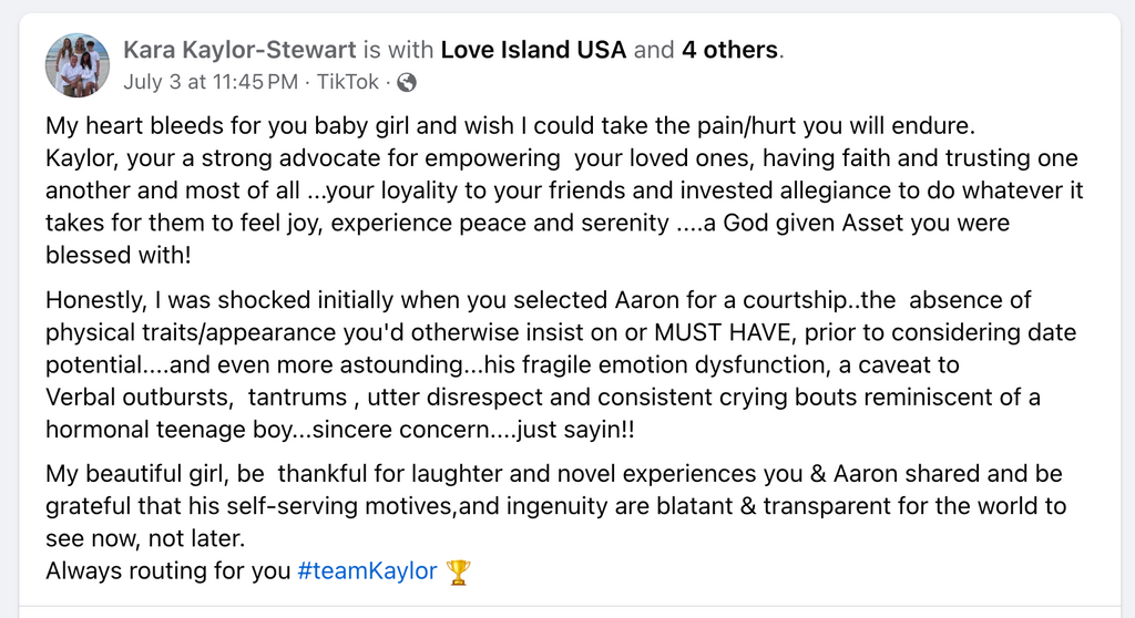 Love Island USA: What Did Kaylor's Mom Say About Aaron?