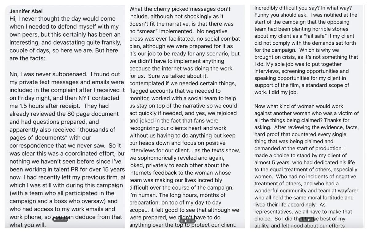 Details of Jennifer Abel's Response to Justin Baldoni Allegations