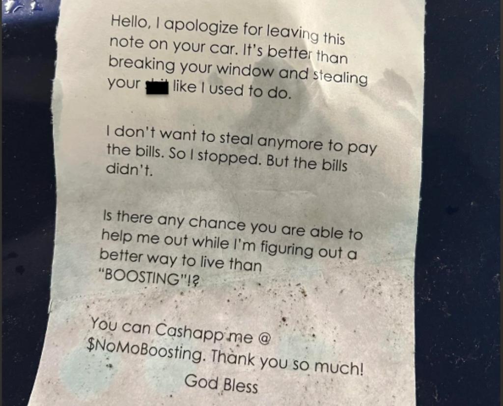 Note Left on Car by Former Thief Has Gone Viral