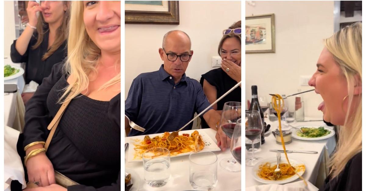 Woman Uses Extendable Fork to Snag Pasta From Friend's Plate