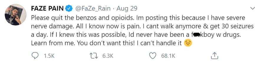 FaZe Rain Claims He's Paralyzed From Repeated Drug Use