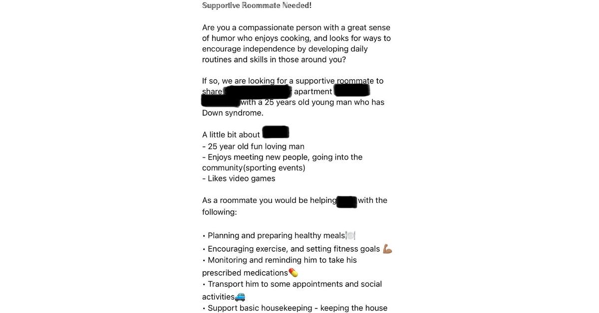 Roommate Ad Offers Free Rent in Exchange for Full-Time Care of Down ...