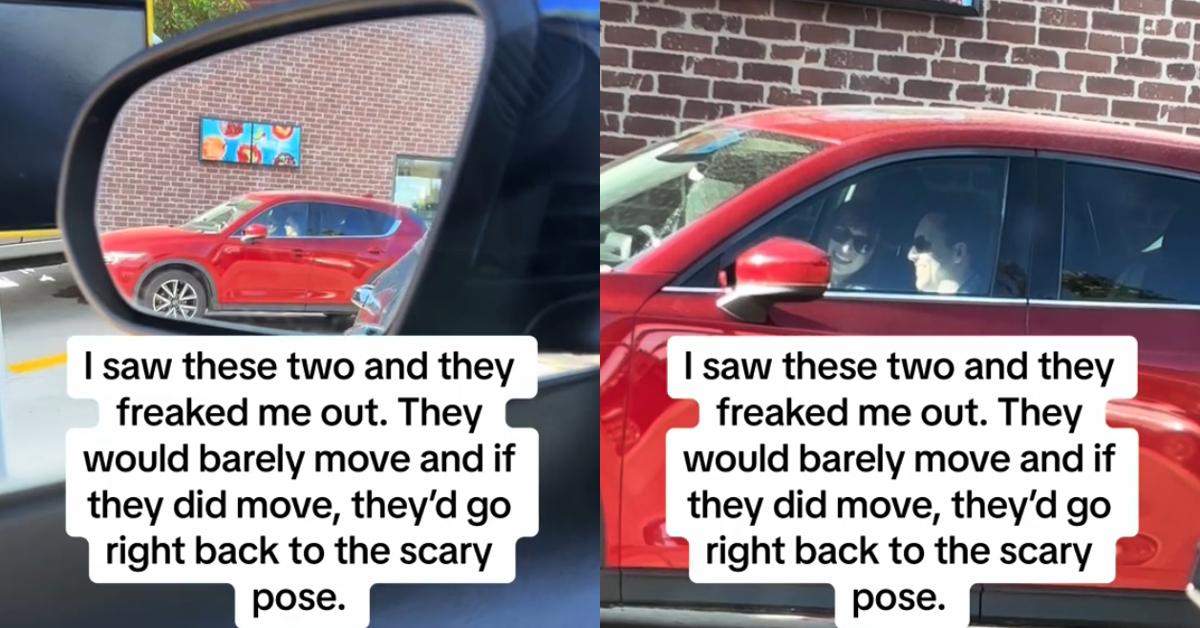 Woman Freaked out Over Creepy People Not Moving in Car