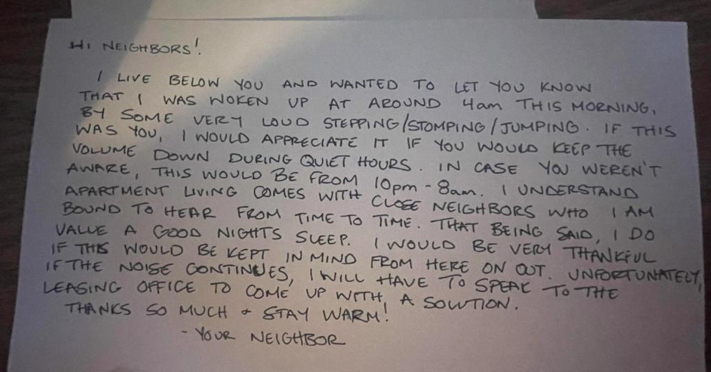 Neighbor Leaves Note for Noisy Tenants — Gets Assaulted