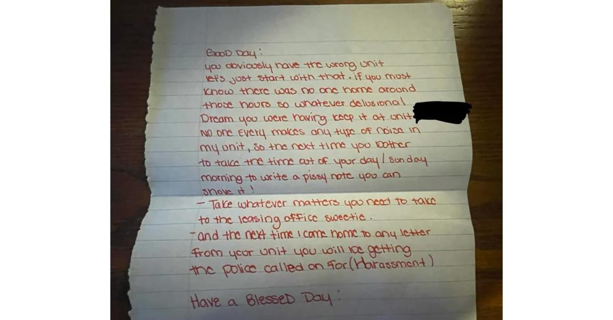 Neighbor Leaves Note for Noisy Tenants — Gets Assaulted