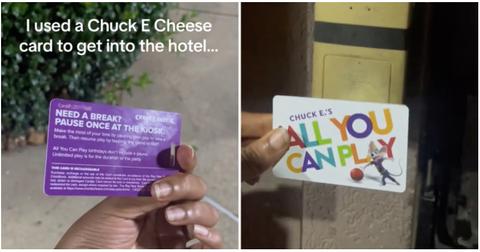 Woman Uses a Chuck E. Cheese Card to Open Hotel Door