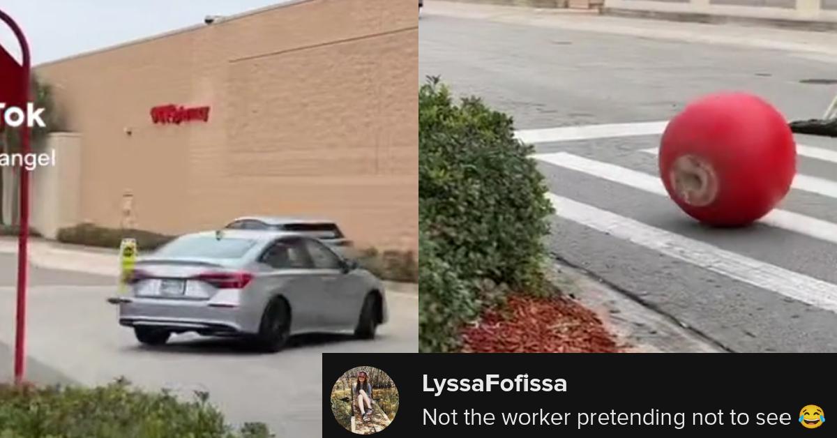 Target Concrete Ball Rolls Through Parking Lot After Hit by Car
