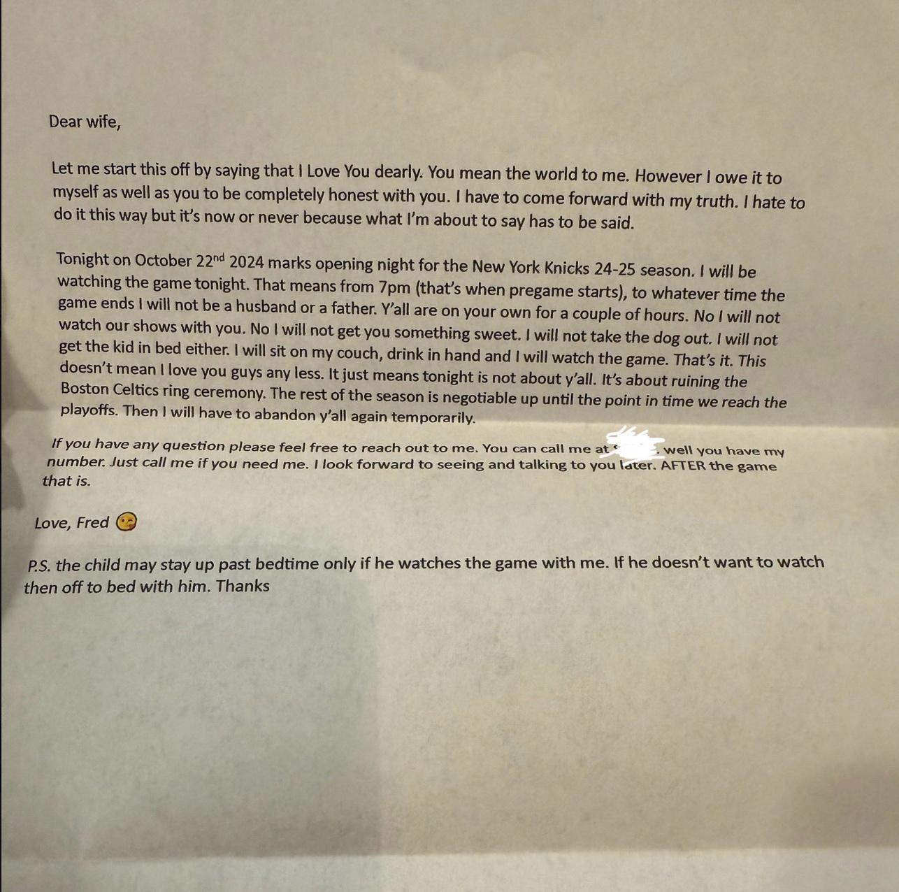 Husband Sends Wife Letter Choosing Basketball Game Over Her