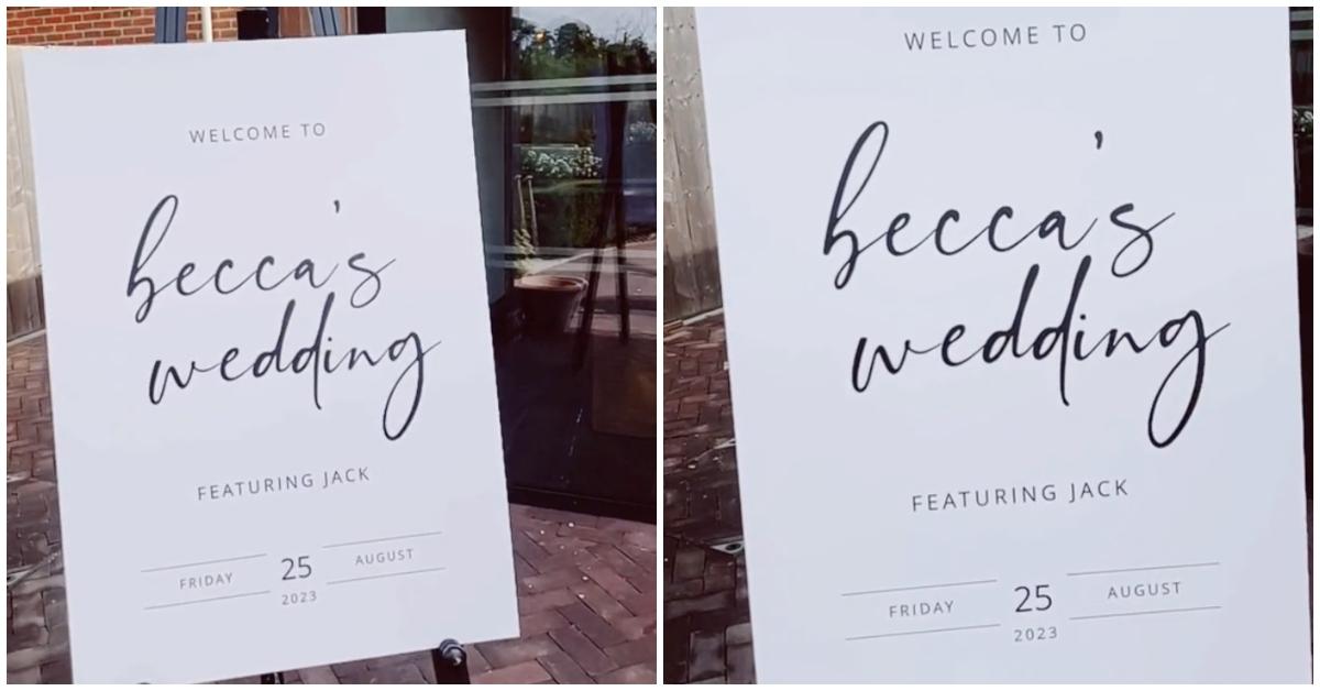 Wedding Signage Reads "Becca's Wedding Feat. Jack"