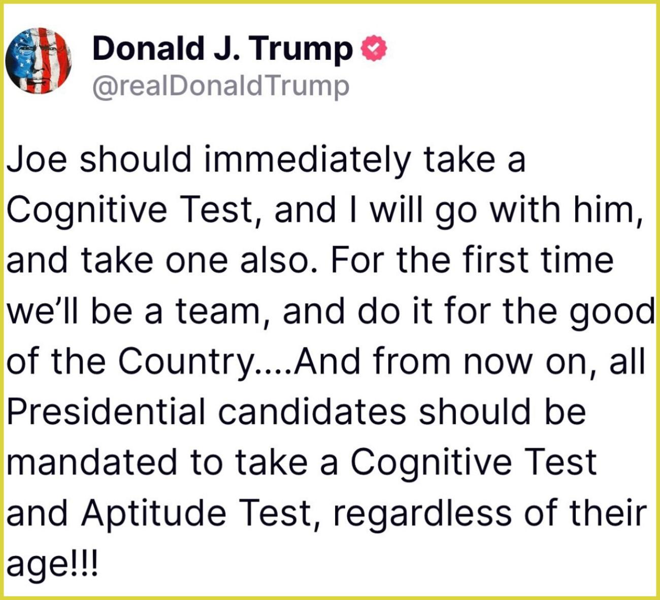 Donald Trump Offers to Take Cognitive Test With Joe Biden