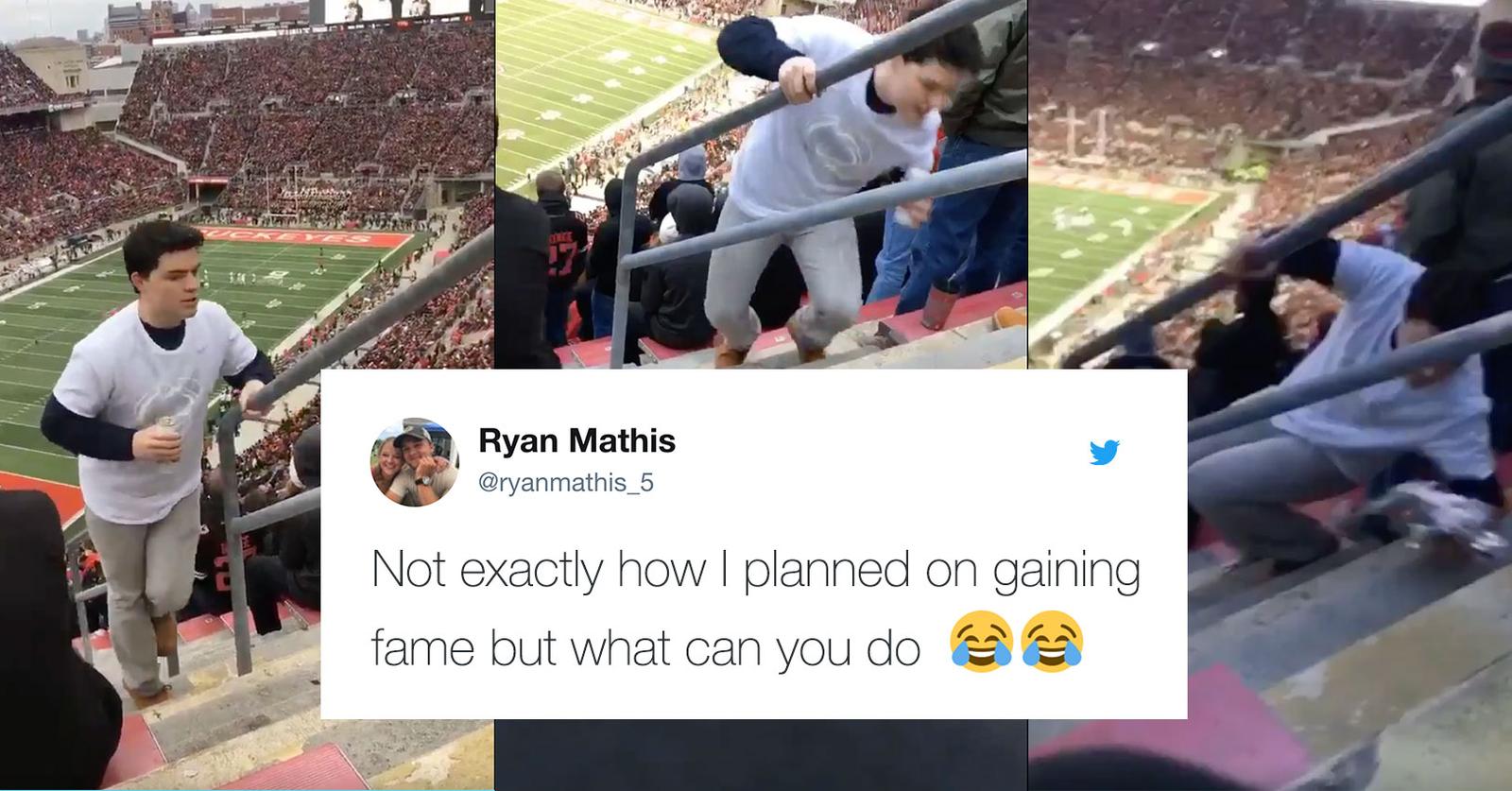 Woman's Video Shows Fans Tripping On Same Stair During Football Game
